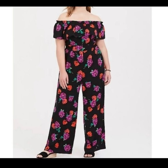 torrid | Pants & Jumpsuits | Torrid Black Floral Off Shoulder Challis ...